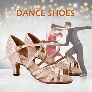 SWDZM Women's Rhinestone Dance Shoes Ballroom Latin Salsa Performance Practice Dancing Shoes,L377,Pink,Heel 2 1/3'',US 6.5