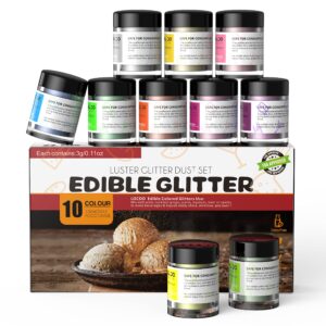 edible glitter set,10 colors cocktail glitter for drinks, food grade luster dust, brew glitter for beer, cake decorating, chocolates, strawberries, cupcakes, vegan and gluten free (3g/bottle)