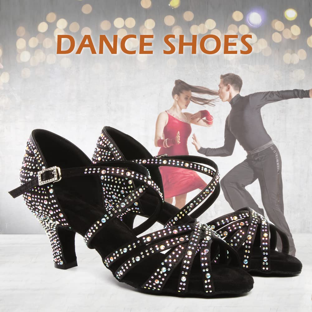 SWDZM Women's Rhinestone Dance Shoes Ballroom Latin Salsa Performance Practice Dancing Shoes,L377,Black,Heel 2 1/3'',US 6