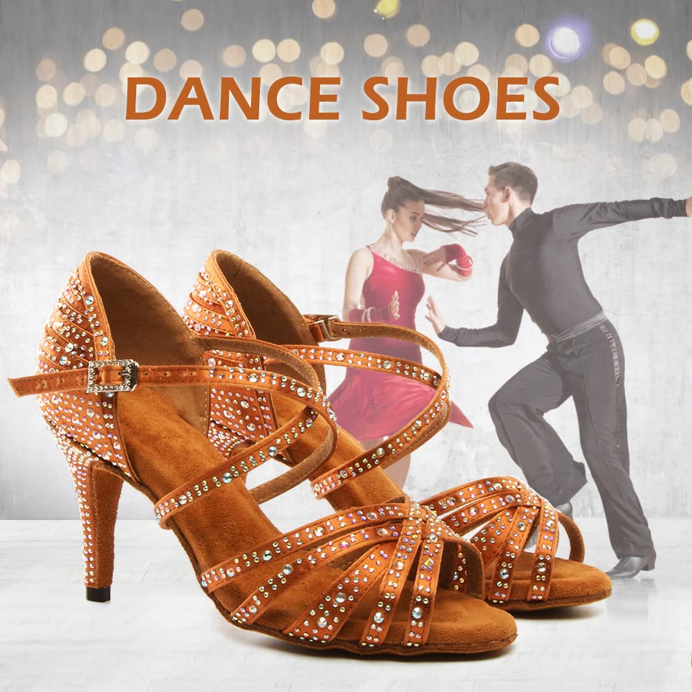 SWDZM Women's Rhinestone Dance Shoes Ballroom Latin Salsa Performance Practice Dancing Shoes,L377,Bronze,Heel 3 1/3'',US 6