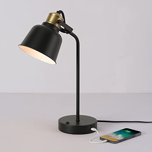 Globe Electric 30297 18" Desk Lamp with 2.1 USB Port, Matte Black, Brass Accents, Push Button On/Off Switch, Home Décor, Desk Lamps for Home Office, Home Office Accessories, Home Improvement