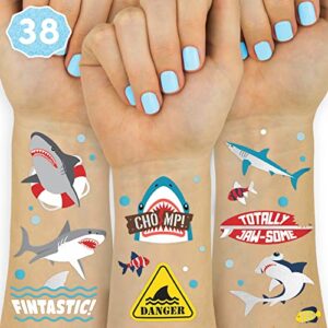 xo, fetti shark temporary tattoos - 38 metallic styles | underwater sea creature, ocean animal birthday party supplies, summer, totally jawsome, arts and crafts