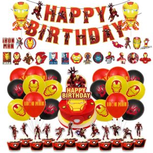 86 pcs birthday party decorations, birthday party supplies for iron man includes the iron man inspired happy birthday banner - cake topper - 12 cupcake toppers - 20 balloons - 52 sticker