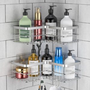 yazoni corner shower caddy, adhesive shower shelves no drilling [2-pack], rustproof stainless steel bathroom shower organizer with 8 hooks, shower shelf for inside shower (silver)