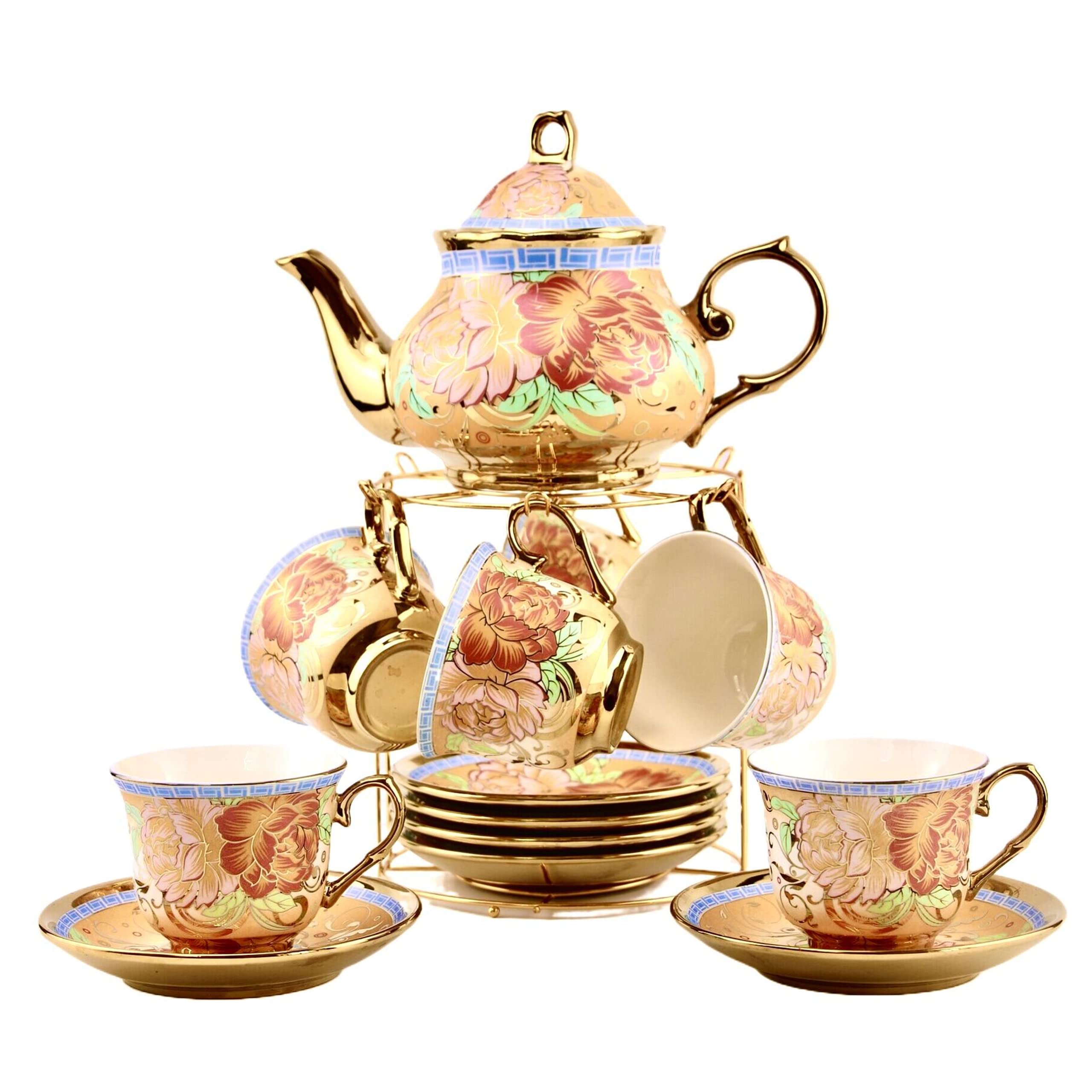 20 Pieces European Ceramic Tea Set for Adults With Metal Holder and Flower Painting (Large Cream Version)