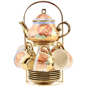 20 Pieces European Ceramic Tea Set for Adults With Metal Holder and Flower Painting (Large Cream Version)