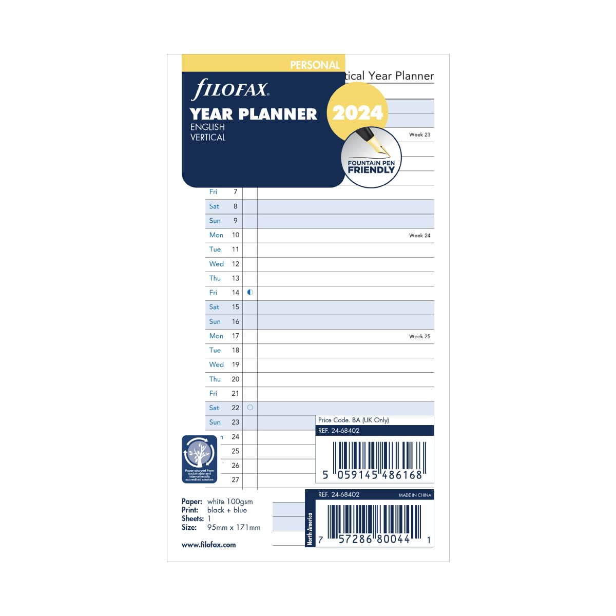 Filofax 2024 Personal Year Planner, vertical, 24-68402, Paper, White, PLANNER