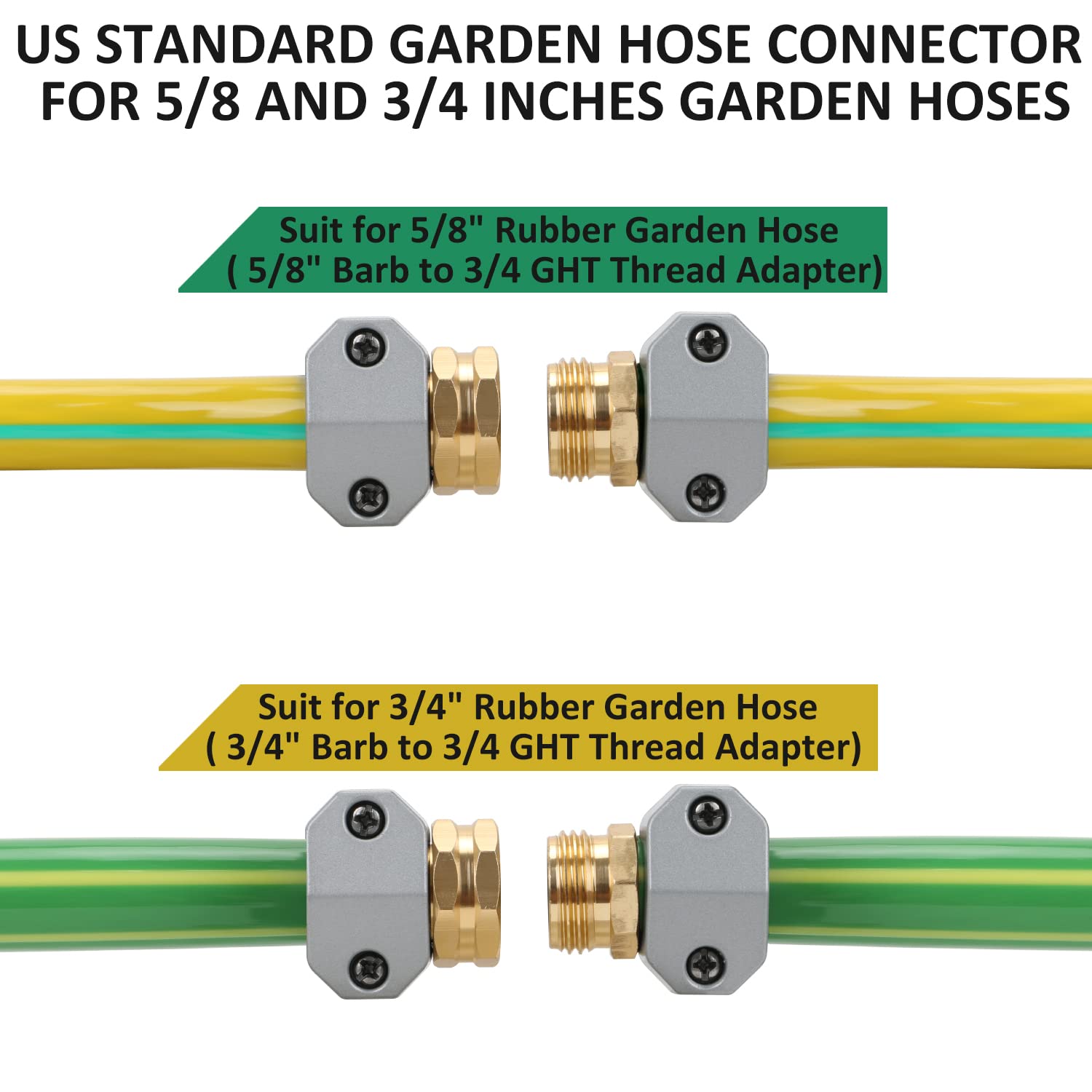 STYDDI Garden Hose Repair Connector Fitting, Aluminum Mender Female and Male Hose End Connector with Zinc Clamp, Fit 5/8-Inch and 3/4-Inch Garden Hose, 2 Sets