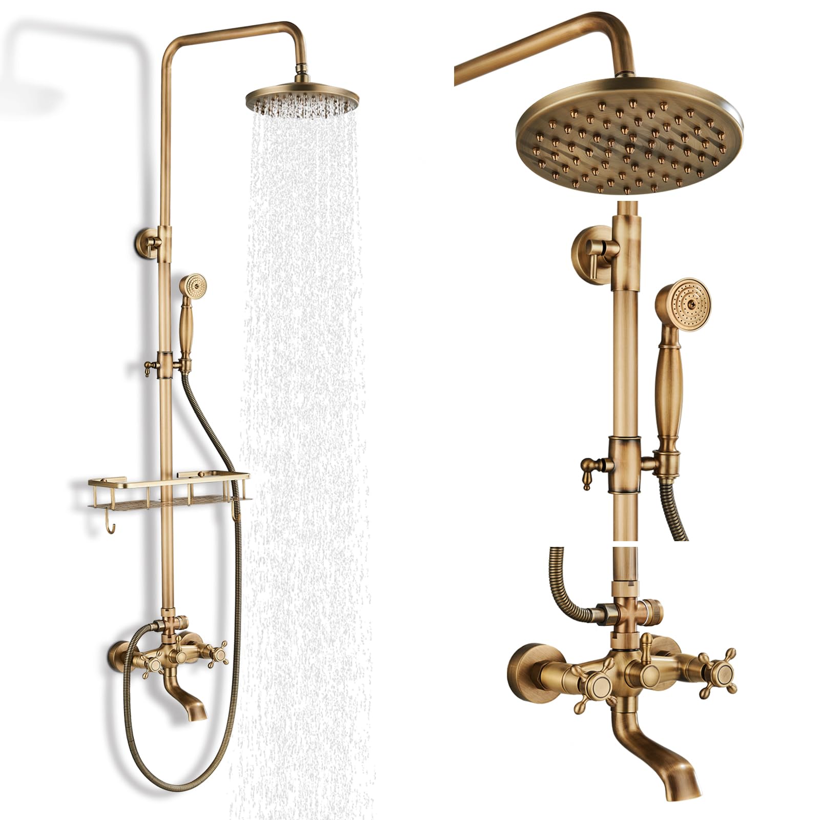 Gmusre Antique Brass Shower Fixture Bathroom Shower Faucet Set 8 Inch Rainfall Shower Head Handled Shower Waterfall Tub Spout Wall Mounted Outdoor Shower System with Shower Shelf