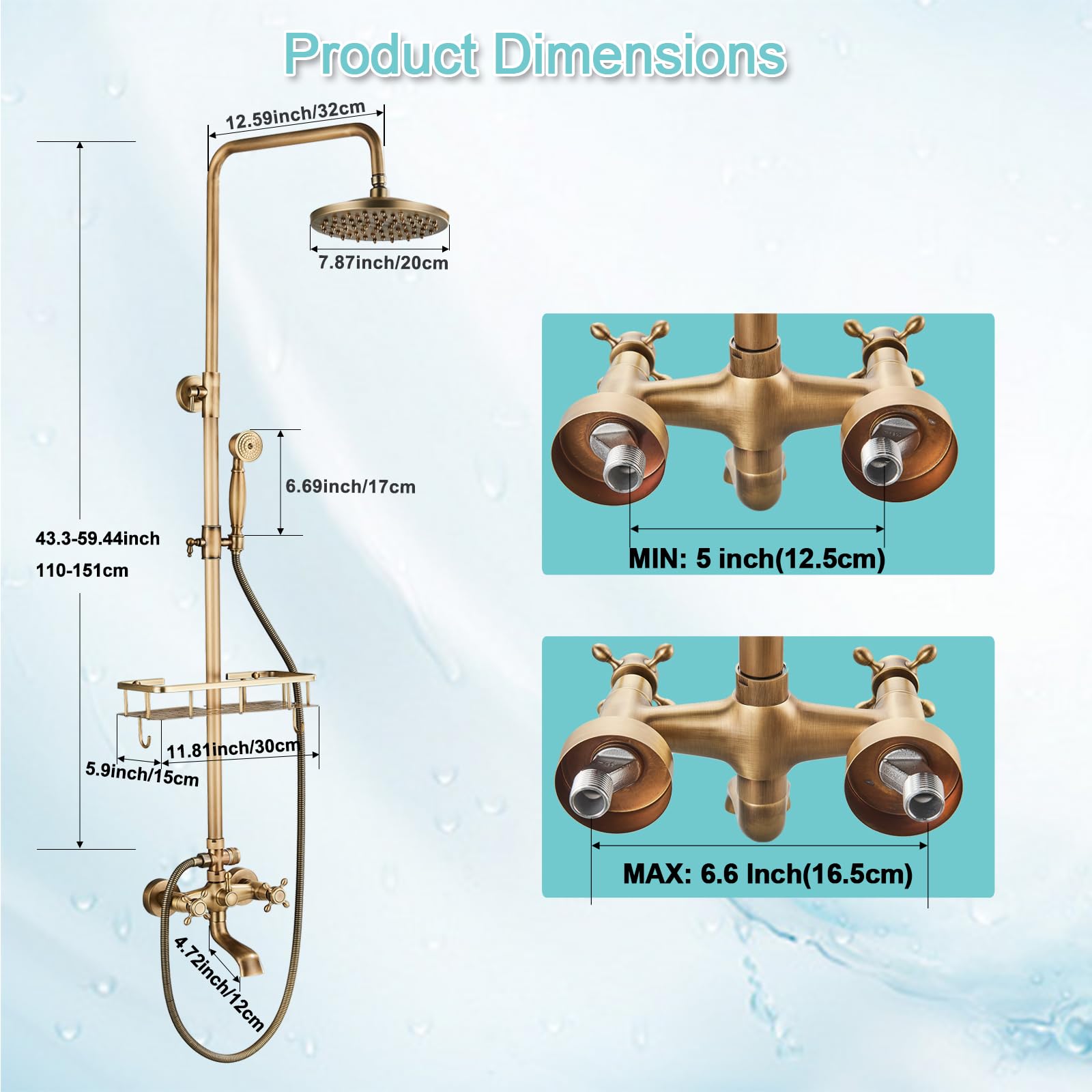 Gmusre Antique Brass Shower Fixture Bathroom Shower Faucet Set 8 Inch Rainfall Shower Head Handled Shower Waterfall Tub Spout Wall Mounted Outdoor Shower System with Shower Shelf