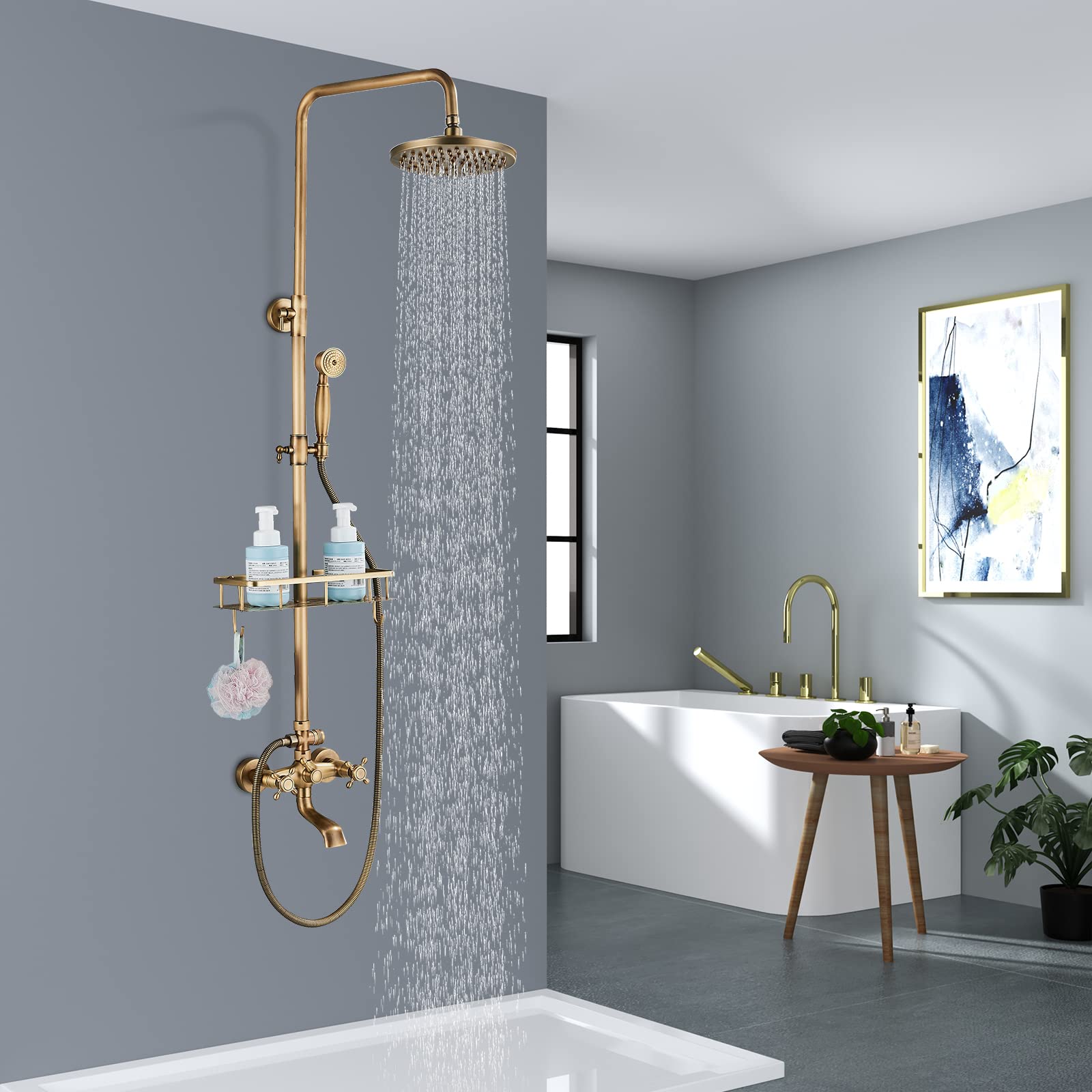 Gmusre Antique Brass Shower Fixture Bathroom Shower Faucet Set 8 Inch Rainfall Shower Head Handled Shower Waterfall Tub Spout Wall Mounted Outdoor Shower System with Shower Shelf