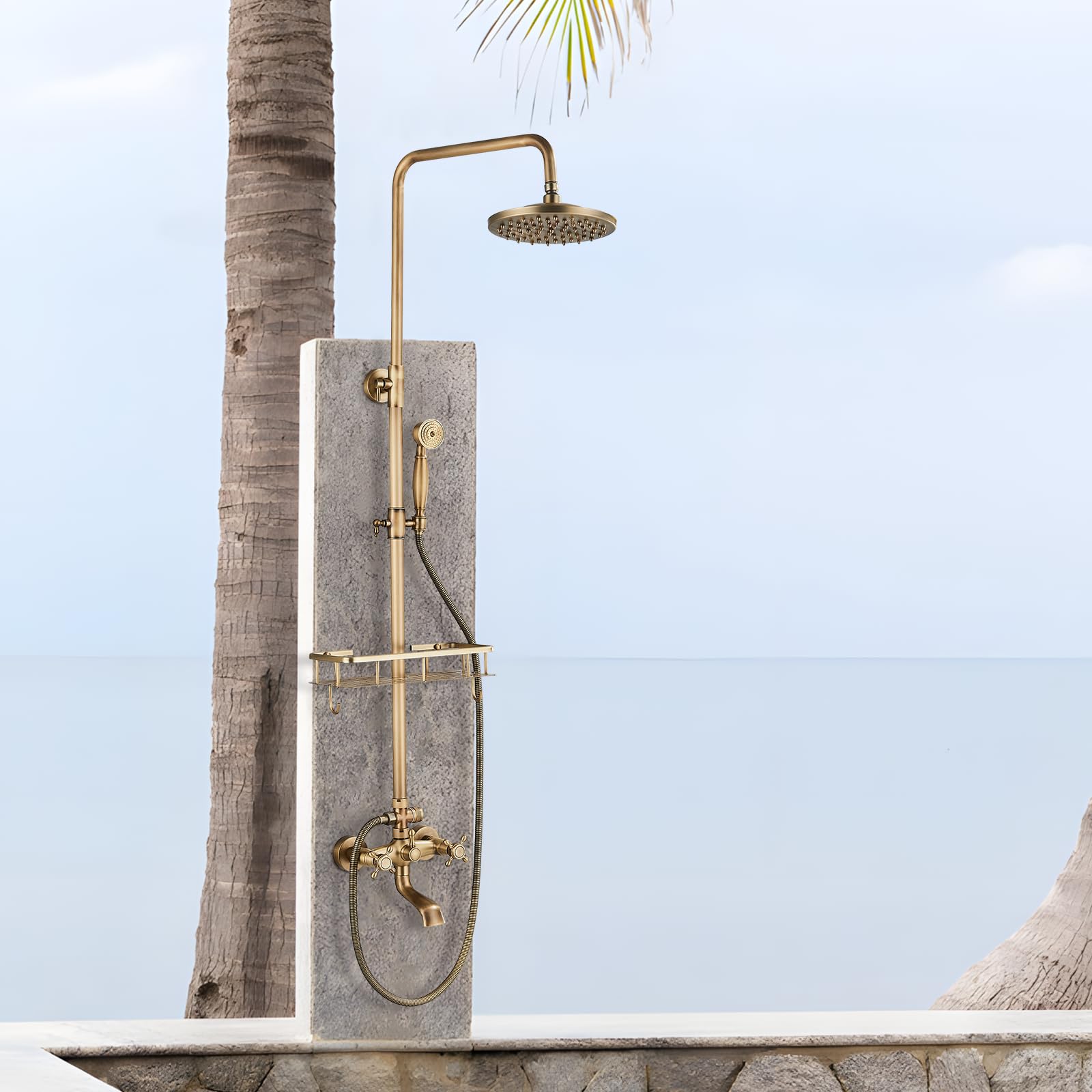 Gmusre Antique Brass Shower Fixture Bathroom Shower Faucet Set 8 Inch Rainfall Shower Head Handled Shower Waterfall Tub Spout Wall Mounted Outdoor Shower System with Shower Shelf