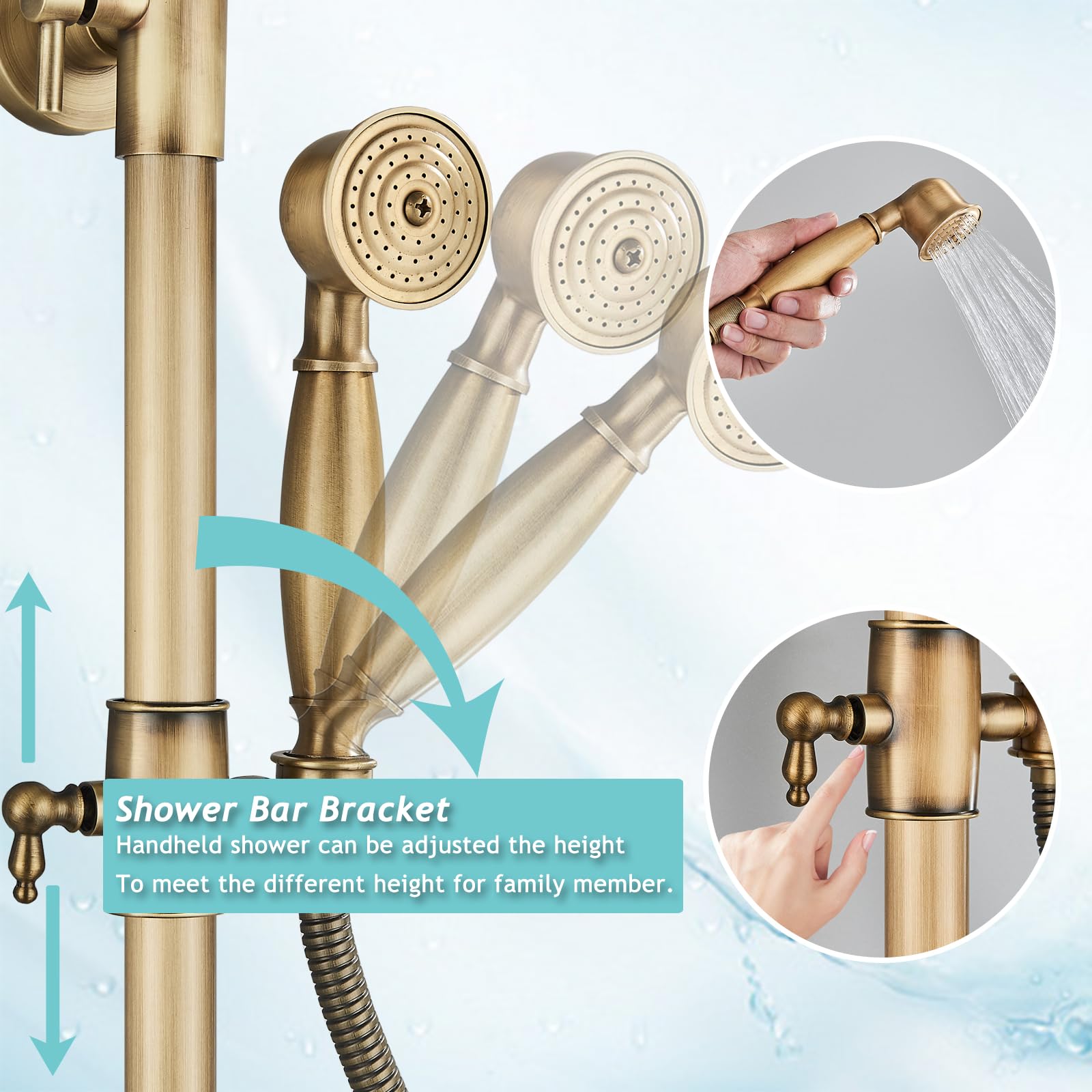 Gmusre Antique Brass Shower Fixture Bathroom Shower Faucet Set 8 Inch Rainfall Shower Head Handled Shower Waterfall Tub Spout Wall Mounted Outdoor Shower System with Shower Shelf