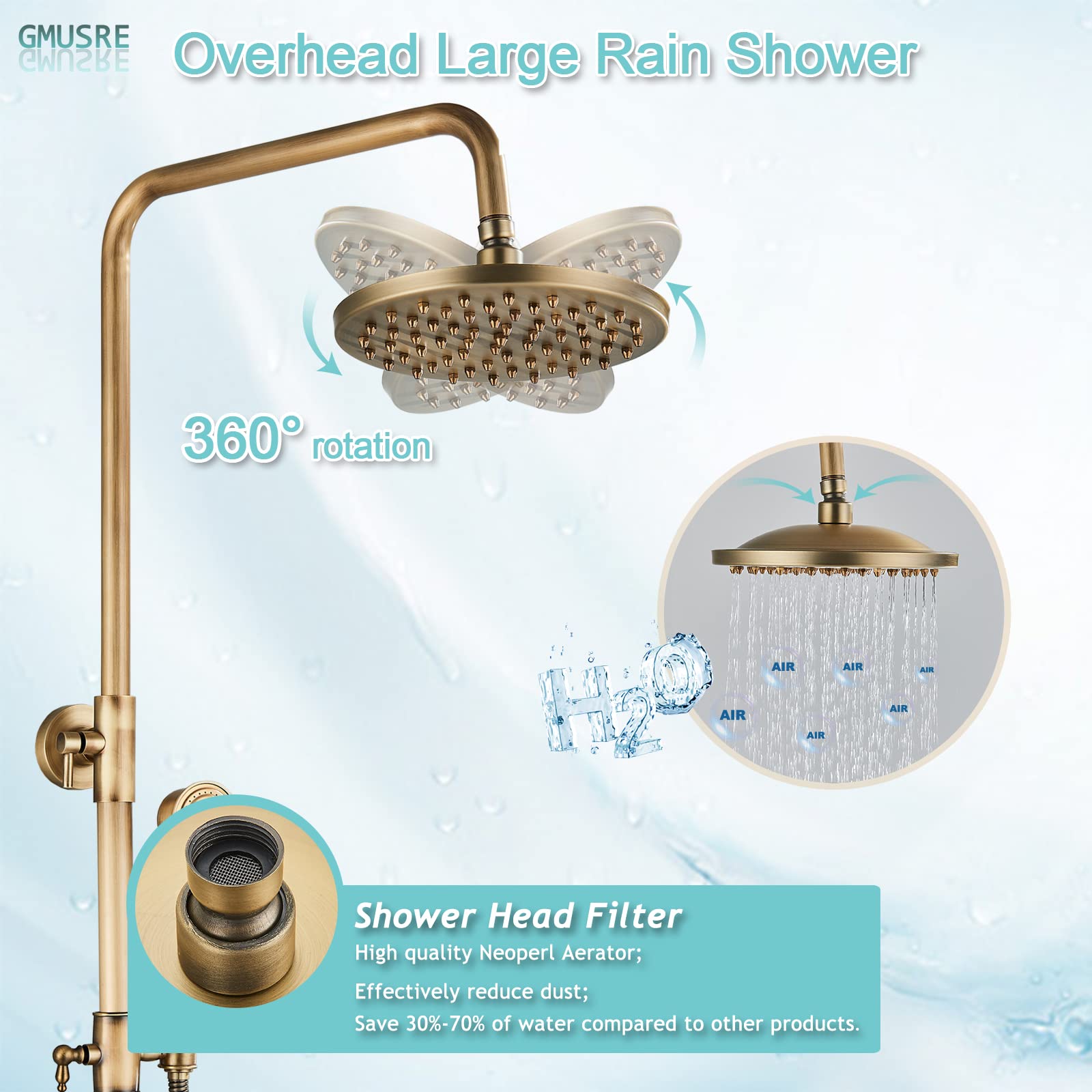 Gmusre Antique Brass Shower Fixture Bathroom Shower Faucet Set 8 Inch Rainfall Shower Head Handled Shower Waterfall Tub Spout Wall Mounted Outdoor Shower System with Shower Shelf