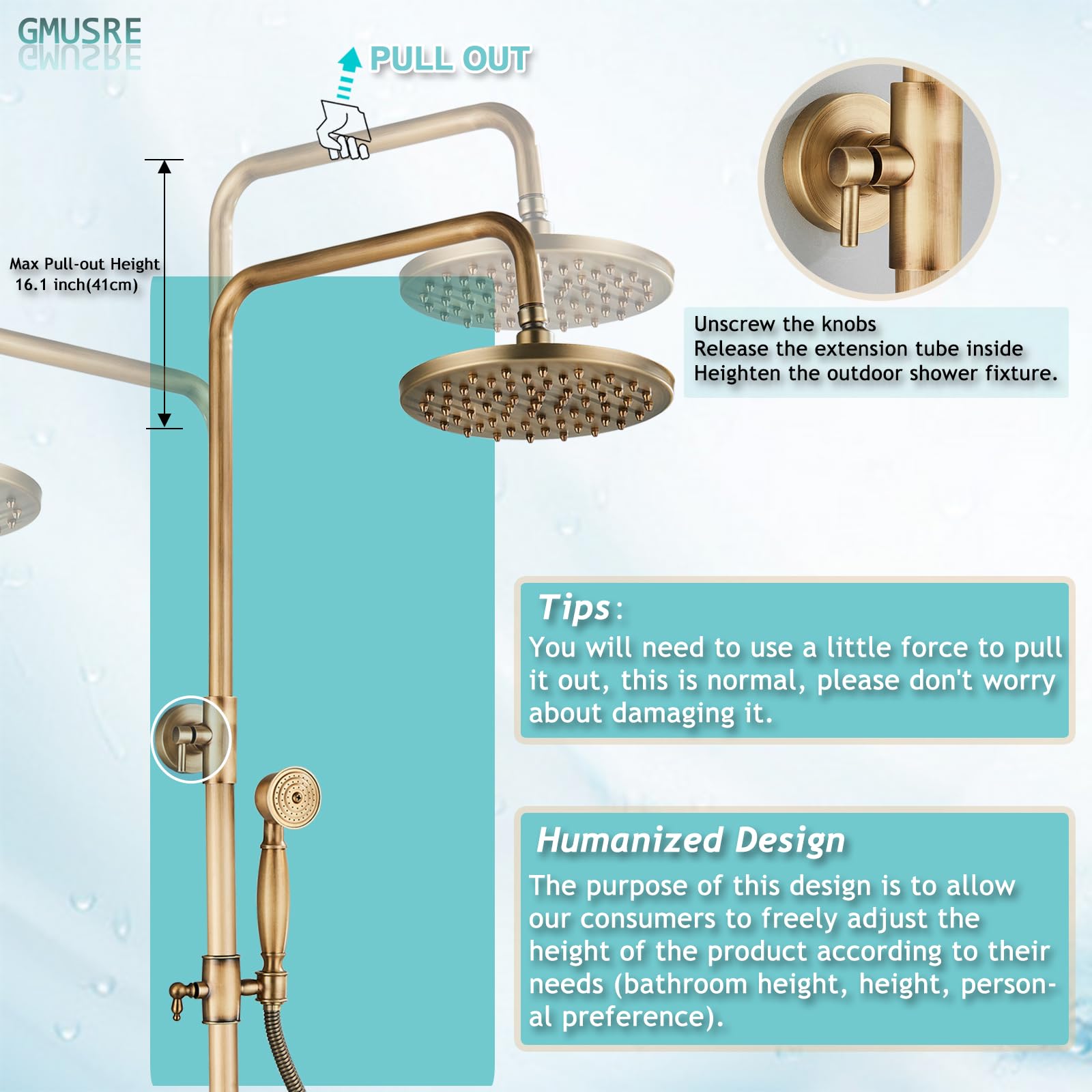 Gmusre Antique Brass Shower Fixture Bathroom Shower Faucet Set 8 Inch Rainfall Shower Head Handled Shower Waterfall Tub Spout Wall Mounted Outdoor Shower System with Shower Shelf