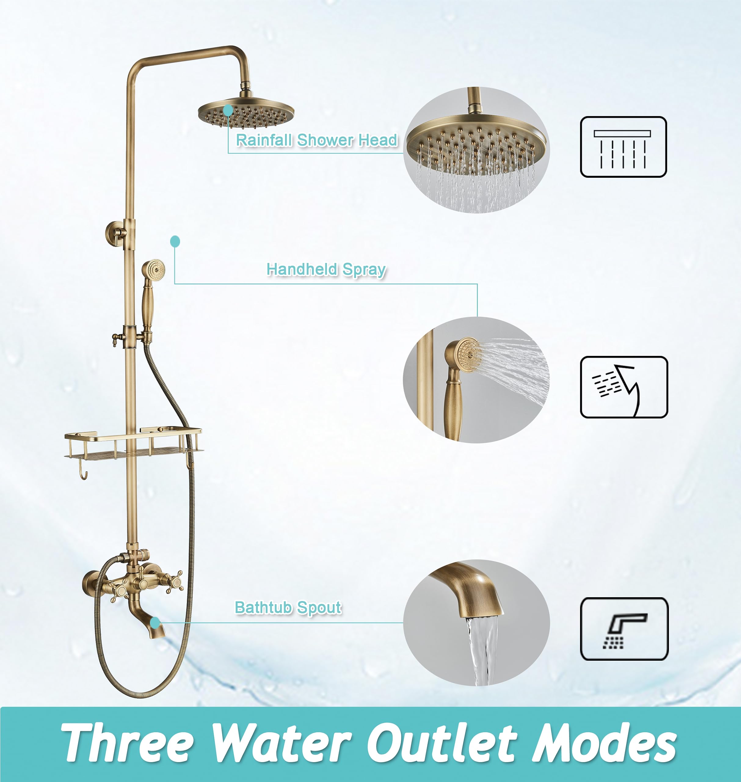 Gmusre Antique Brass Shower Fixture Bathroom Shower Faucet Set 8 Inch Rainfall Shower Head Handled Shower Waterfall Tub Spout Wall Mounted Outdoor Shower System with Shower Shelf