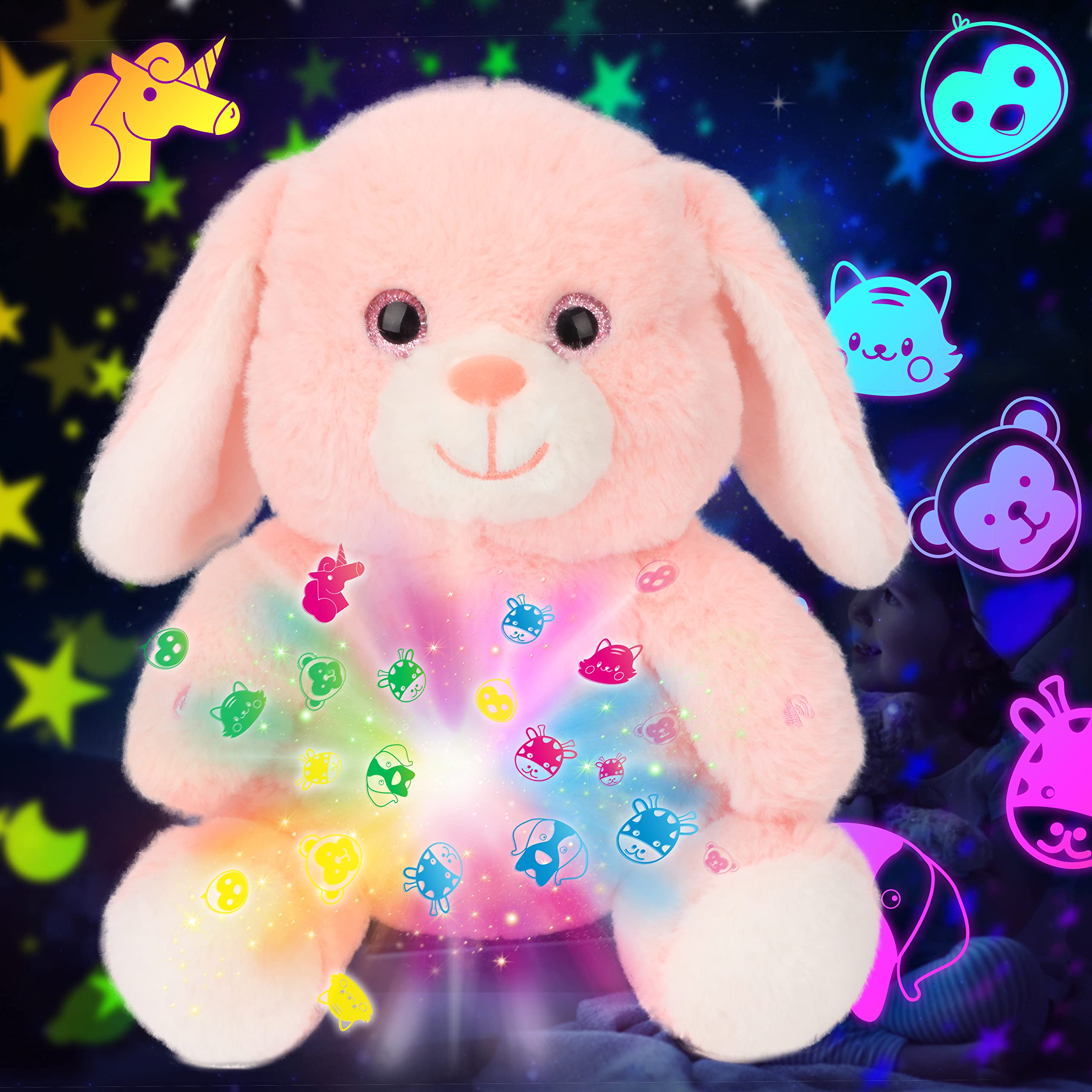 Cuteoy Plush Pink Bunny Star Projector Musical Adjustable Singing Night Light Stuffed Animals Glowing Kawaii Rabbit Plushies Toy Gifts for Kids Birthday Easter Christmas,12''