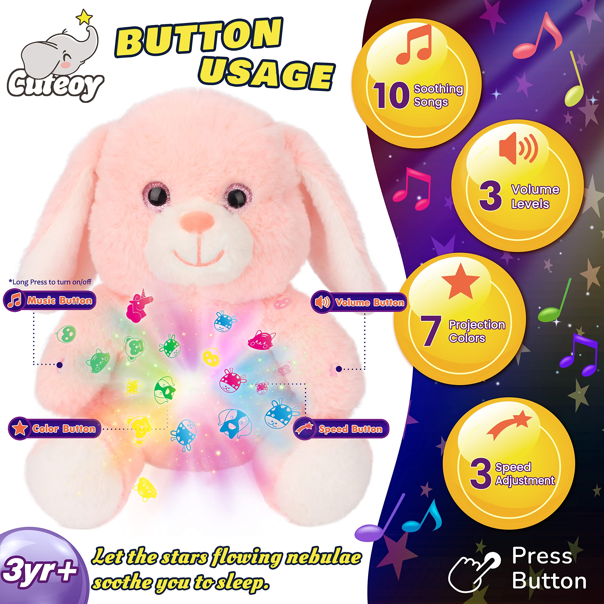 Cuteoy Plush Pink Bunny Star Projector Musical Adjustable Singing Night Light Stuffed Animals Glowing Kawaii Rabbit Plushies Toy Gifts for Kids Birthday Easter Christmas,12''