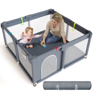 baby playpen, 50”×50” play pens for babies and toddlers, gentle monster baby playard with gate & anti-slip base, sturdy safety play yard for baby with storage bag indoor & outdoor