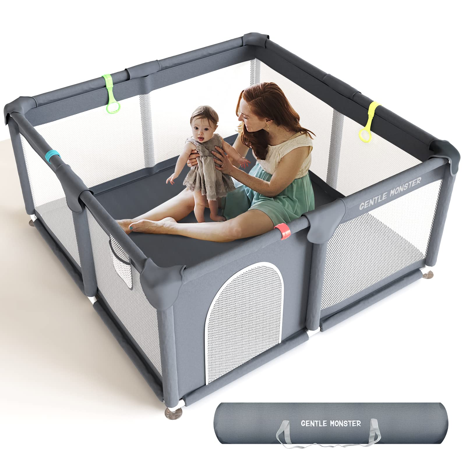 Baby Playpen, 50”×50” Play Pens for Babies and Toddlers, Gentle Monster Baby Playard with Gate & Anti-Slip Base, Sturdy Safety Play Yard for Baby with Storage Bag Indoor & Outdoor