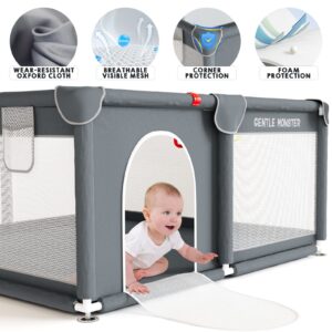 Baby Playpen, 50”×50” Play Pens for Babies and Toddlers, Gentle Monster Baby Playard with Gate & Anti-Slip Base, Sturdy Safety Play Yard for Baby with Storage Bag Indoor & Outdoor