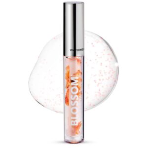 blossom moisturizing and hydrating shimmer sparkle lip oil with olive oil + grape seed oil, infused with real flowers, 3g, watermelon