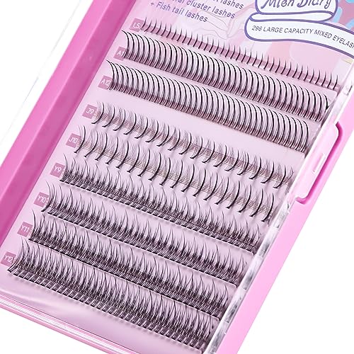 MLEN DIARY 296 Clusters Individual Lashes Wispy Manga Lashes Clusters Lashes Natural Look Cat Eye Lashes 5-12mm False Eyelashes Extension Faux Mink Fake Lash Anime Single Lashes Half Fluffy Eyelashes