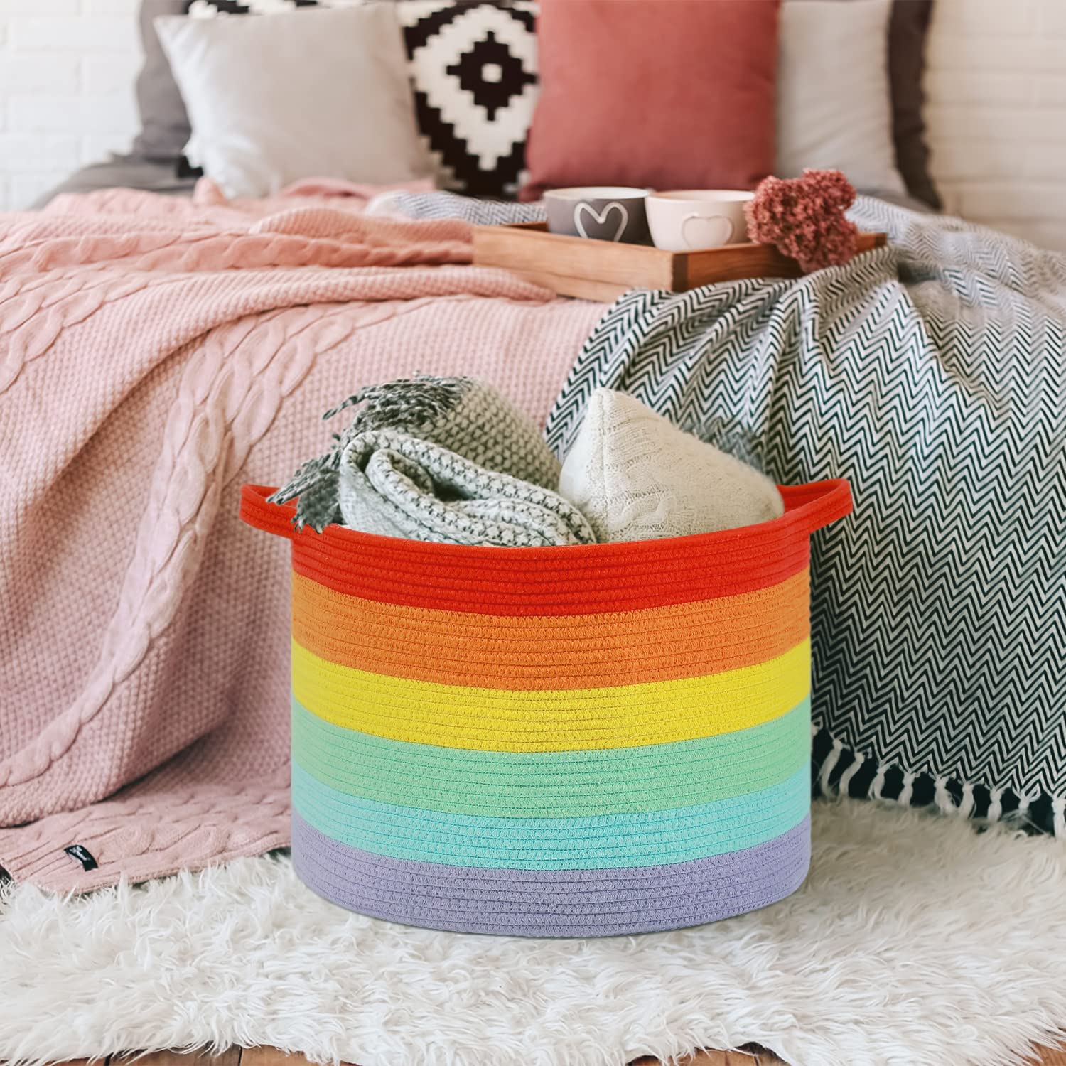 Autonomier 20" x 14" Rainbow Extra Large Tall Cotton Rope Woven Storage Baskets,Throw Blanket Storage Basket for Living Room,Home Decorative Storage Baskets,Cute Boho Nursery Hamper Laundry Basket