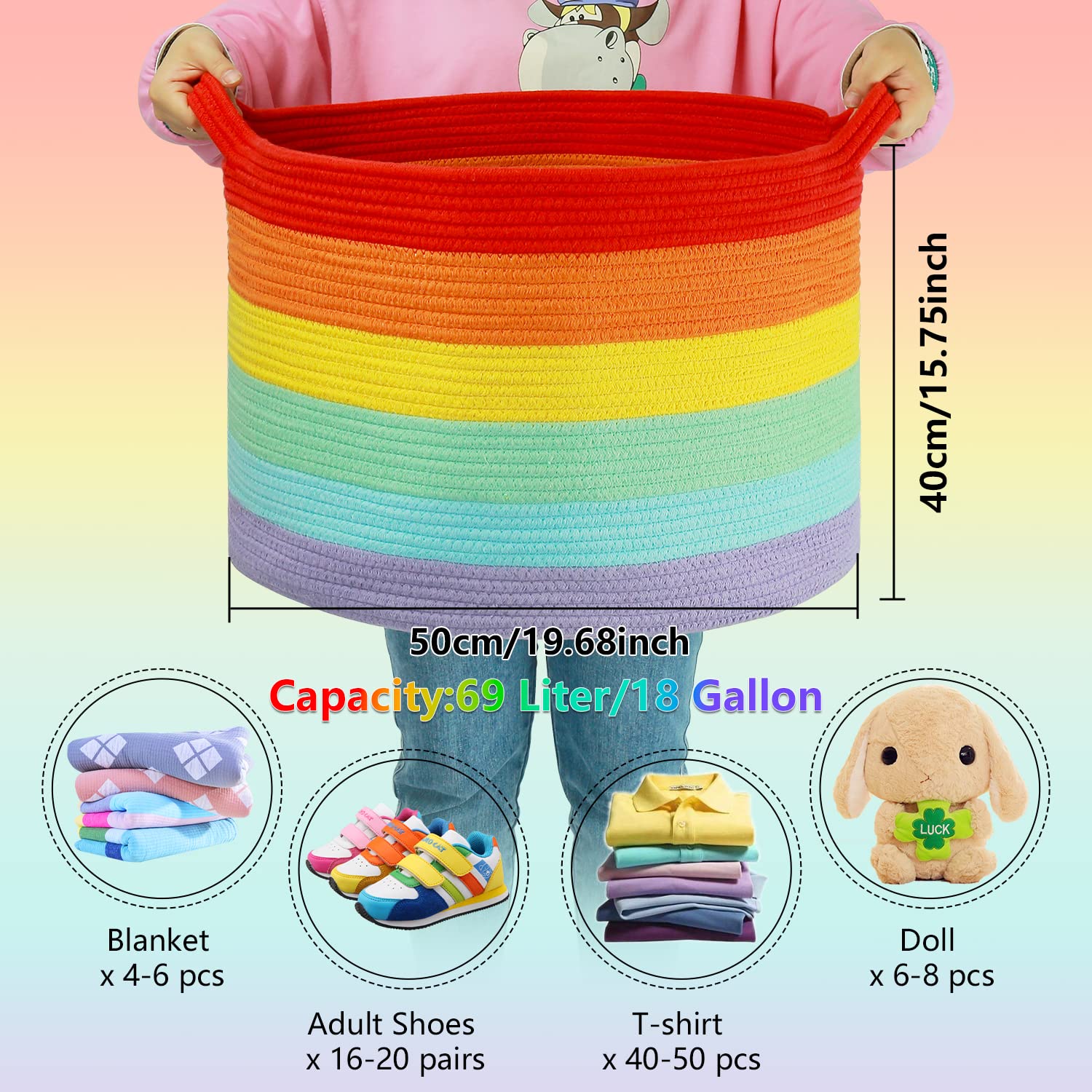 Autonomier 20" x 14" Rainbow Extra Large Tall Cotton Rope Woven Storage Baskets,Throw Blanket Storage Basket for Living Room,Home Decorative Storage Baskets,Cute Boho Nursery Hamper Laundry Basket