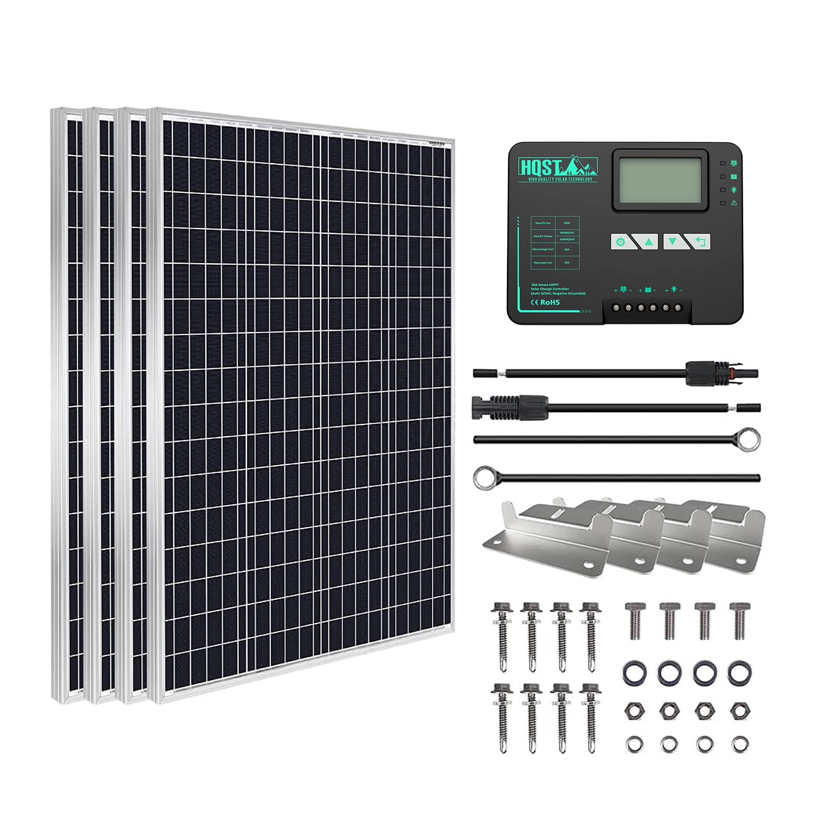 HQST 400W Solar Panel Kit, 4 Pcs 100 Watt Monocrystalline Solar Panels + 40A MPPT Negative Grounded Controller + Mounting Z Brackets + Tray Cable + Adaptor Kit for RV Boat