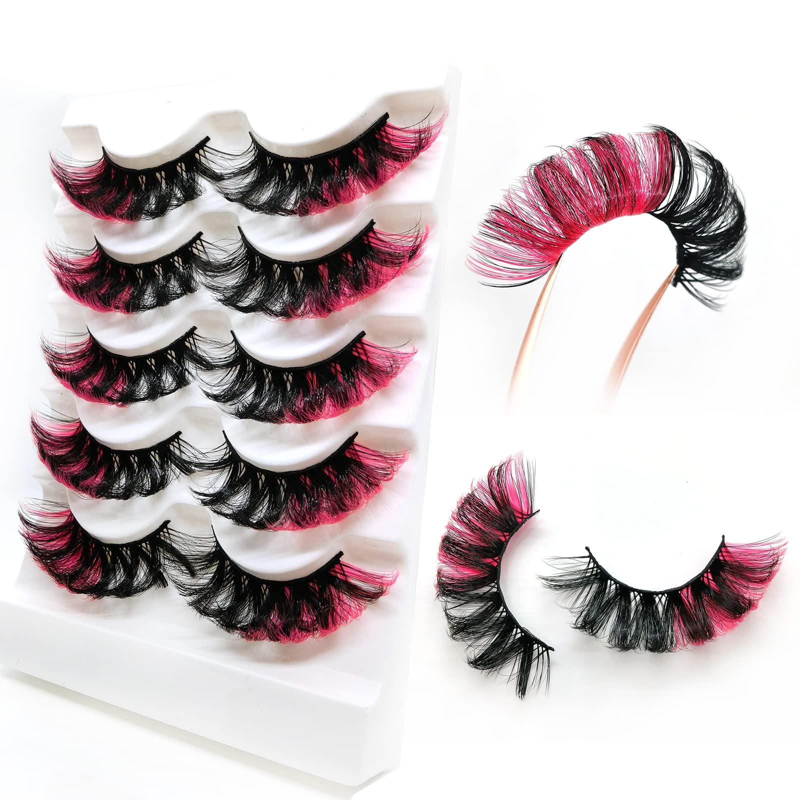 Royaomis 3d Colored Russian Strip Lashes, 20mm D Curl Lash Strips, Fluffy Eyelashes Mink, Natural False Lashes Mink, Natural Wispies, Wispy Fake Lashes, Faux Mink Eyelashes Natural Look (Pink)