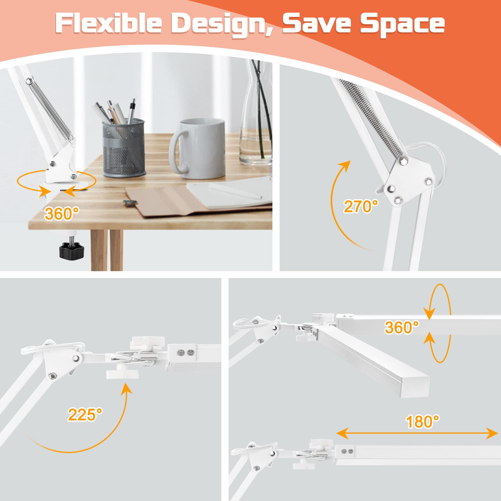 Lanhado LED Desk Lamp with Clamp, Architect Desk Lamps for Home Office, 24W Swing Arm LED Desk Light, Eye-Caring White Desk Lamp, 3 Lighting 10 Brightness Adjustable Desk Lamp for Read/Relax/Work