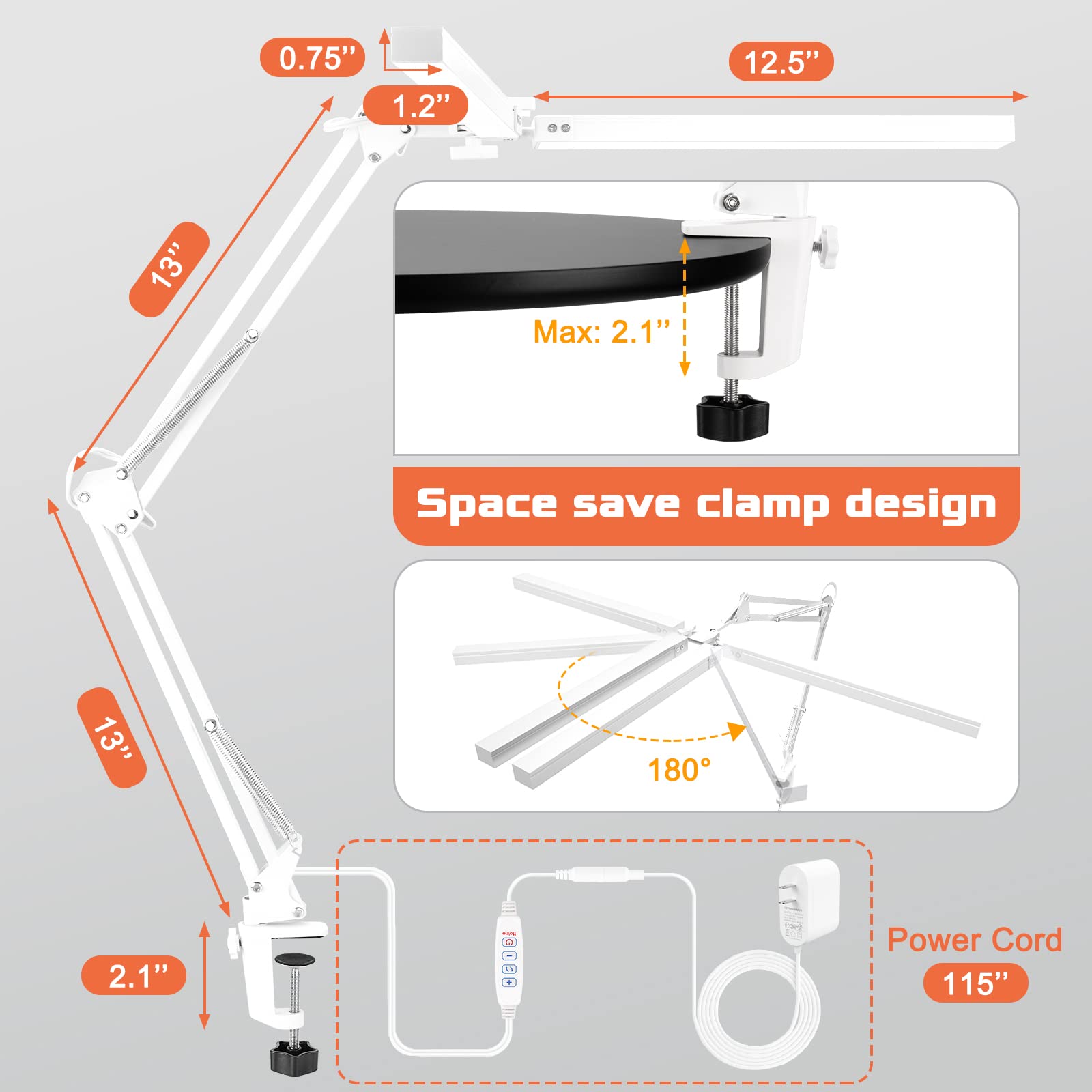 Lanhado LED Desk Lamp with Clamp, Architect Desk Lamps for Home Office, 24W Swing Arm LED Desk Light, Eye-Caring White Desk Lamp, 3 Lighting 10 Brightness Adjustable Desk Lamp for Read/Relax/Work