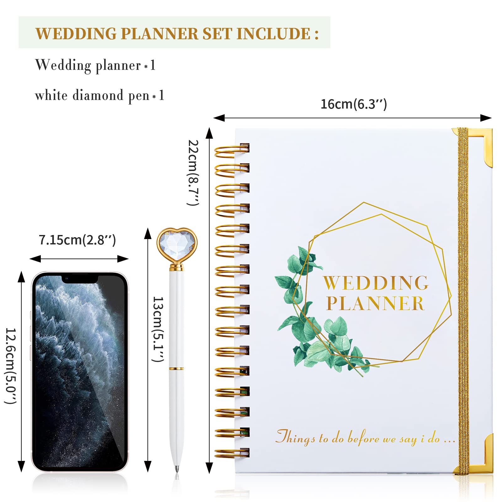 Wedding Planner&Organizer for Bride,Diamond Pen Set,A5 Undated Bridal Countdown Wedding Notebook Engagements Gift