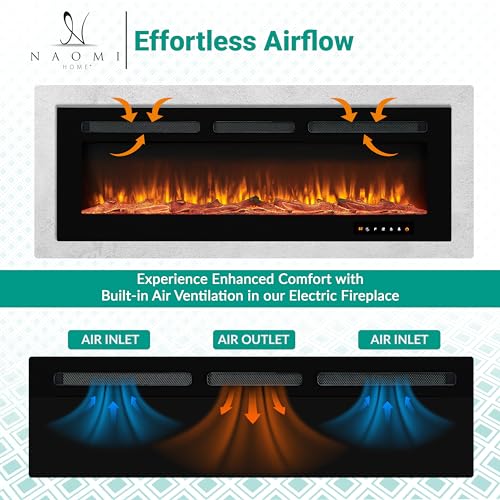 Alice 50" Electric Fireplace Inserts Recessed, Wall Mounted Fireplace LED Fireplace with 12 Flame Colors, Touch Screen, Remote Control, Timer, Carbon & Crystal Stones 500W/1500W - 50 inches