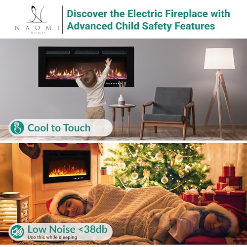 Alice 50" Electric Fireplace Inserts Recessed, Wall Mounted Fireplace LED Fireplace with 12 Flame Colors, Touch Screen, Remote Control, Timer, Carbon & Crystal Stones 500W/1500W - 50 inches