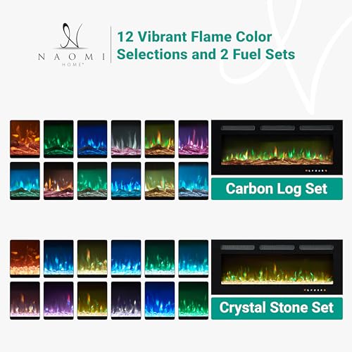 Alice 50" Electric Fireplace Inserts Recessed, Wall Mounted Fireplace LED Fireplace with 12 Flame Colors, Touch Screen, Remote Control, Timer, Carbon & Crystal Stones 500W/1500W - 50 inches