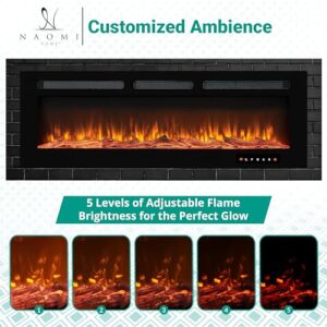 Alice 50" Electric Fireplace Inserts Recessed, Wall Mounted Fireplace LED Fireplace with 12 Flame Colors, Touch Screen, Remote Control, Timer, Carbon & Crystal Stones 500W/1500W - 50 inches