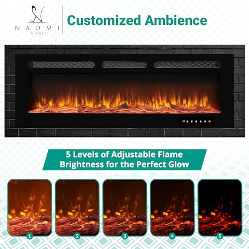 Alice 50" Electric Fireplace Inserts Recessed, Wall Mounted Fireplace LED Fireplace with 12 Flame Colors, Touch Screen, Remote Control, Timer, Carbon & Crystal Stones 500W/1500W - 50 inches