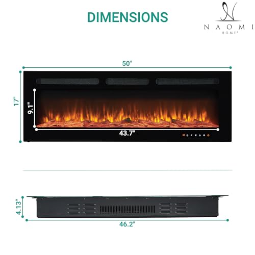 Alice 50" Electric Fireplace Inserts Recessed, Wall Mounted Fireplace LED Fireplace with 12 Flame Colors, Touch Screen, Remote Control, Timer, Carbon & Crystal Stones 500W/1500W - 50 inches