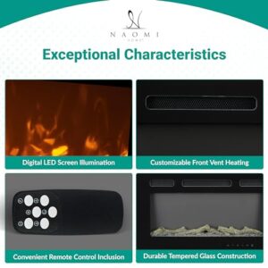 Alice 50" Electric Fireplace Inserts Recessed, Wall Mounted Fireplace LED Fireplace with 12 Flame Colors, Touch Screen, Remote Control, Timer, Carbon & Crystal Stones 500W/1500W - 50 inches