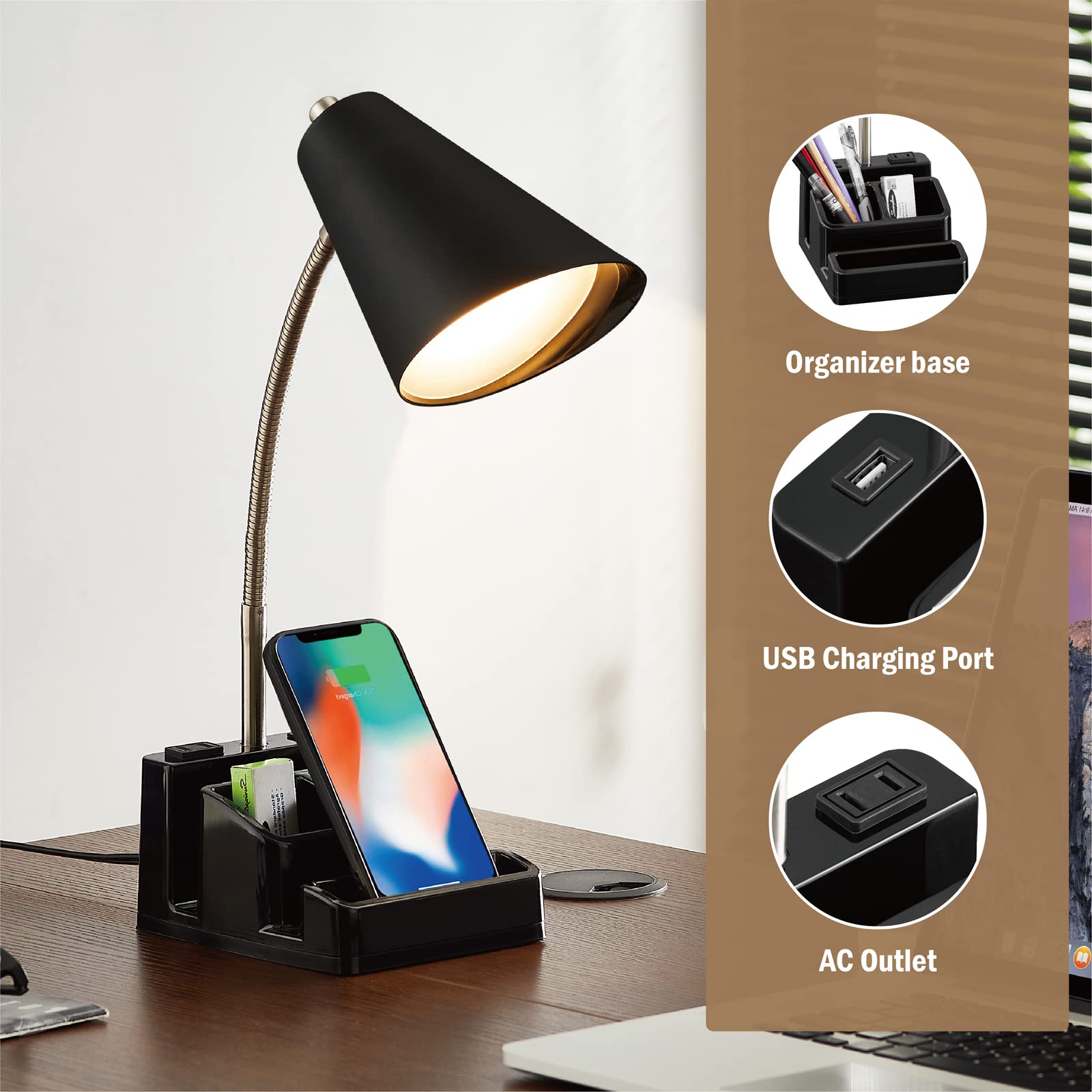 ONEXT LED Desk Lamp with 1 USB Charging Port and 1 AC Outlet, Organizer Base, On/Off Switch, Modern Table Lamp for Reading, Working, Studying, Eye Protect