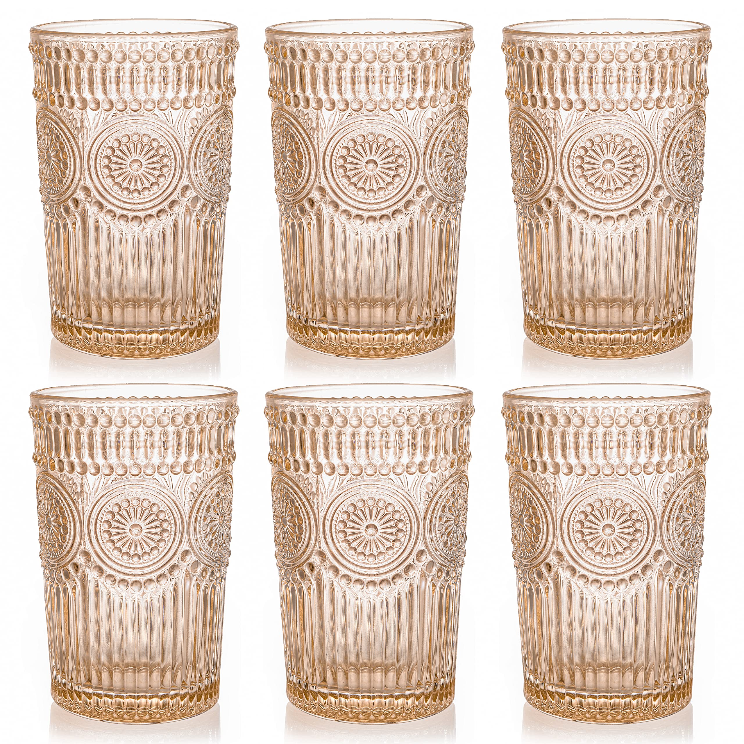 Kingrol 6 Pack 12 oz Colored Drinking Glasses, Premium Glassware Set for Water, Juice, Beverages, Cocktail - Romantic Embossed Design - for Wedding Party, Daily Use