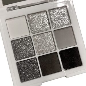 go ho black grey silver smokey eyeshadow palette,9 colors matte&shimmer eye makeup palette,gray white eyeshadow makeup,waterproof cool shades eye shadow palette with prism mirror