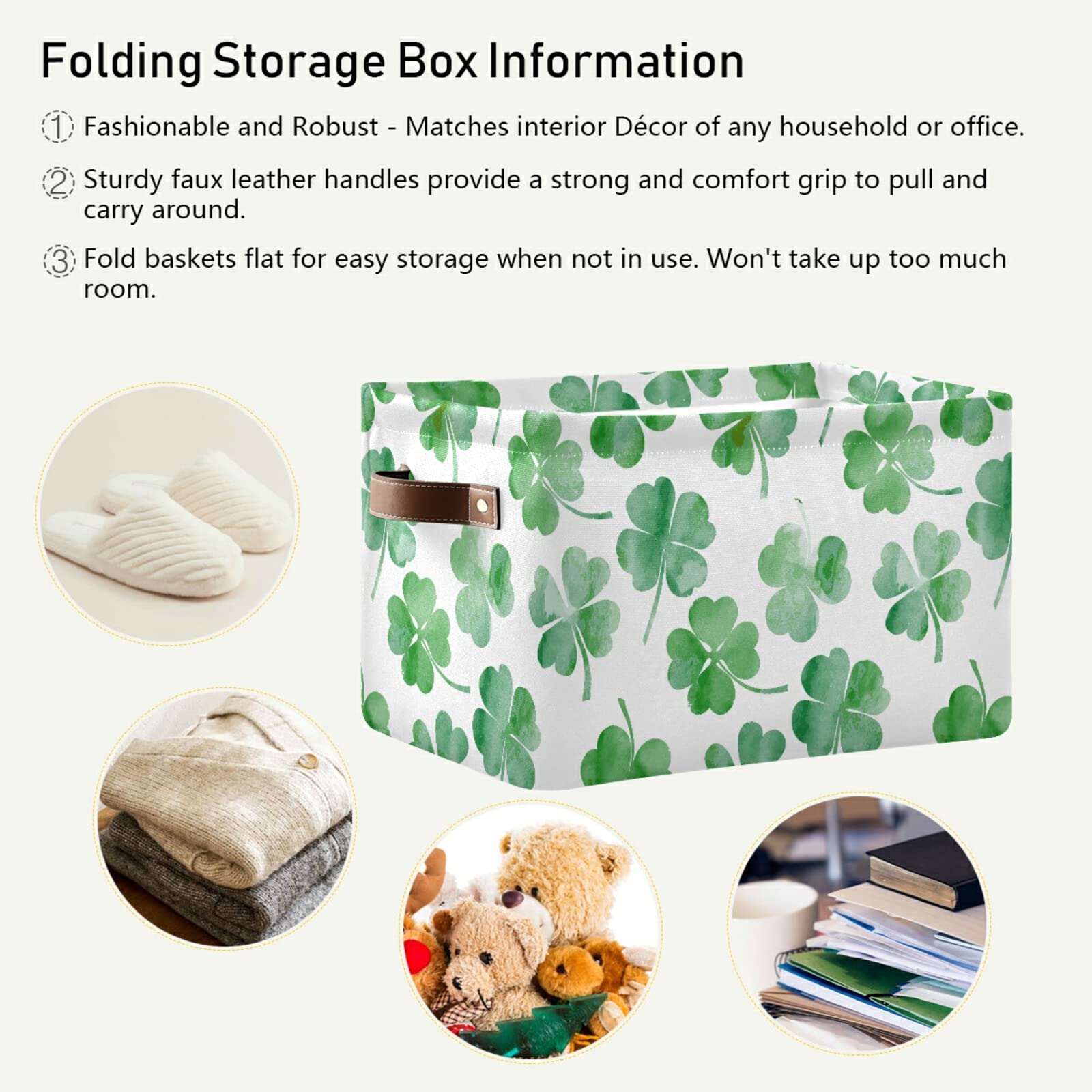 xigua Four Leaf Clover Foldable Canvas Storage Bin, Sturdy Fabric Storage Basket with Handles, Storage Cube Box for Organizing Shelf Nursery Toy Closet 1PCS