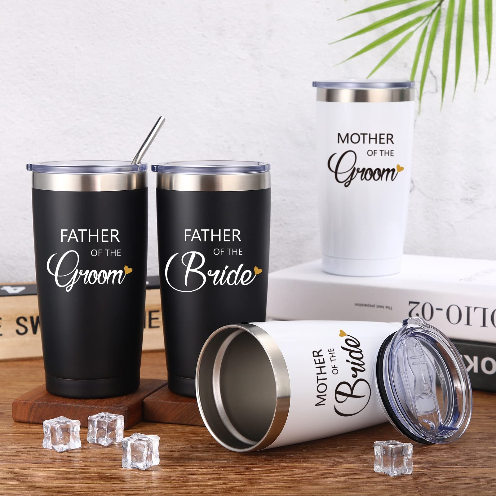 4 Pieces Mother of the Bride Groom Father of the Bride Groom Tumbler Set 20 oz Tumbler Travel Mugs with Lids Straws Brushes Wedding Favor Gifts for Bridal Shower Engagement Announcement Party