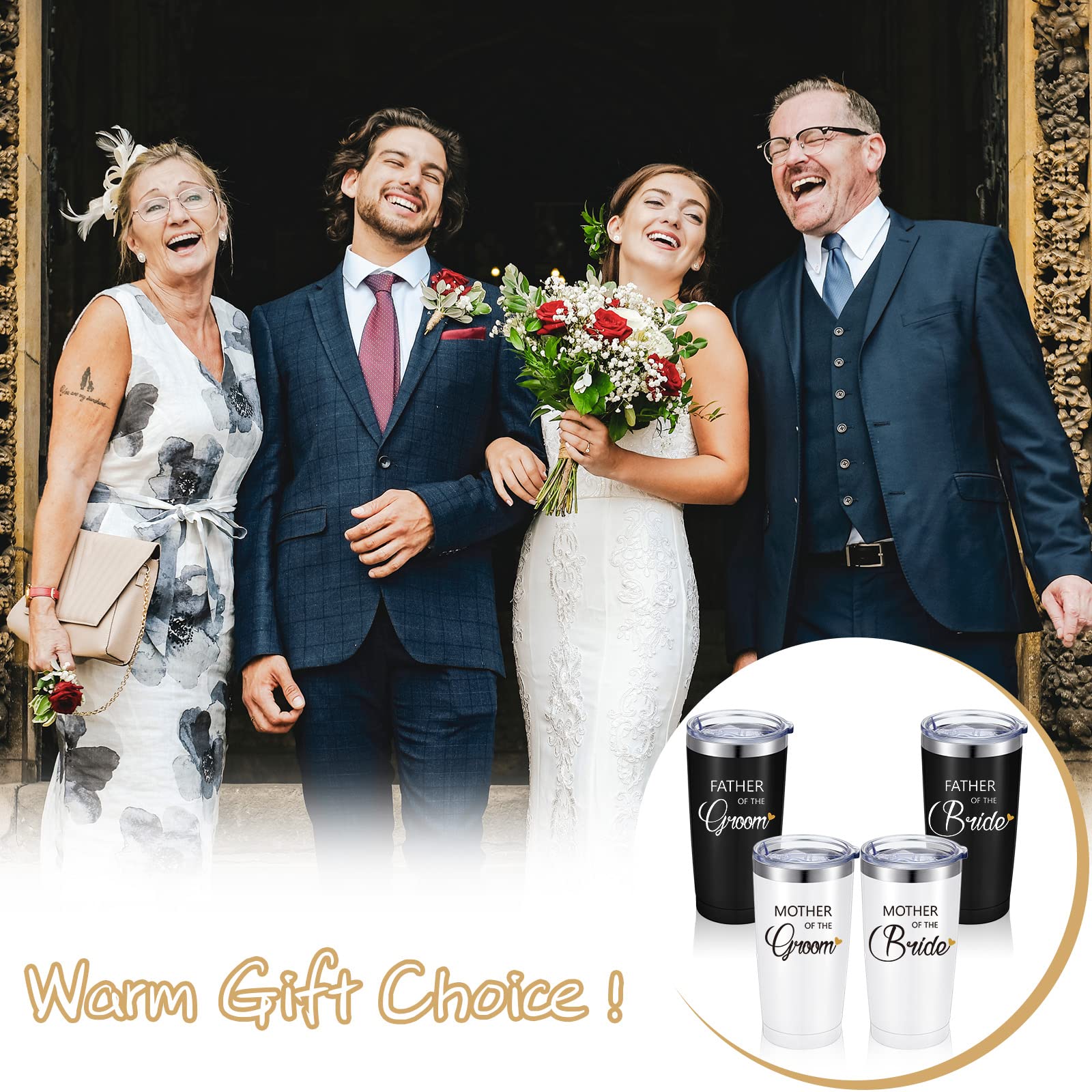 4 Pieces Mother of the Bride Groom Father of the Bride Groom Tumbler Set 20 oz Tumbler Travel Mugs with Lids Straws Brushes Wedding Favor Gifts for Bridal Shower Engagement Announcement Party