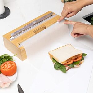 korner living 2 in 1 foil, wrap, wax paper dispenser with cutter. kitchen roll organiser. foil, wrap, wall mount. bamboo organiser. kitchen drawer organiser. minimalist organiser, 12 inches wide