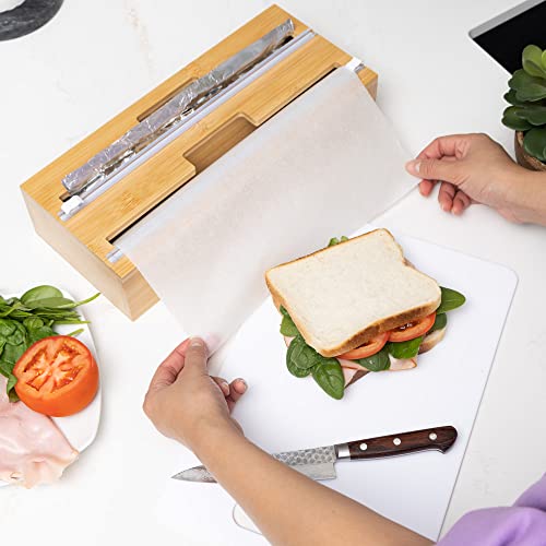 KORNER Living 2 in 1 FOIL, WRAP, Wax Paper Dispenser with Cutter. Kitchen ROLL Organiser. FOIL, WRAP, Wall Mount. Bamboo Organiser. Kitchen Drawer Organiser. Minimalist Organiser, 12 INCHES WIDE