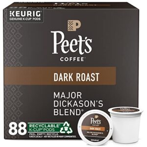 peet's coffee, dark roast k-cup pods for keurig brewers - major dickason's blend 88 count (4 boxes of 22)